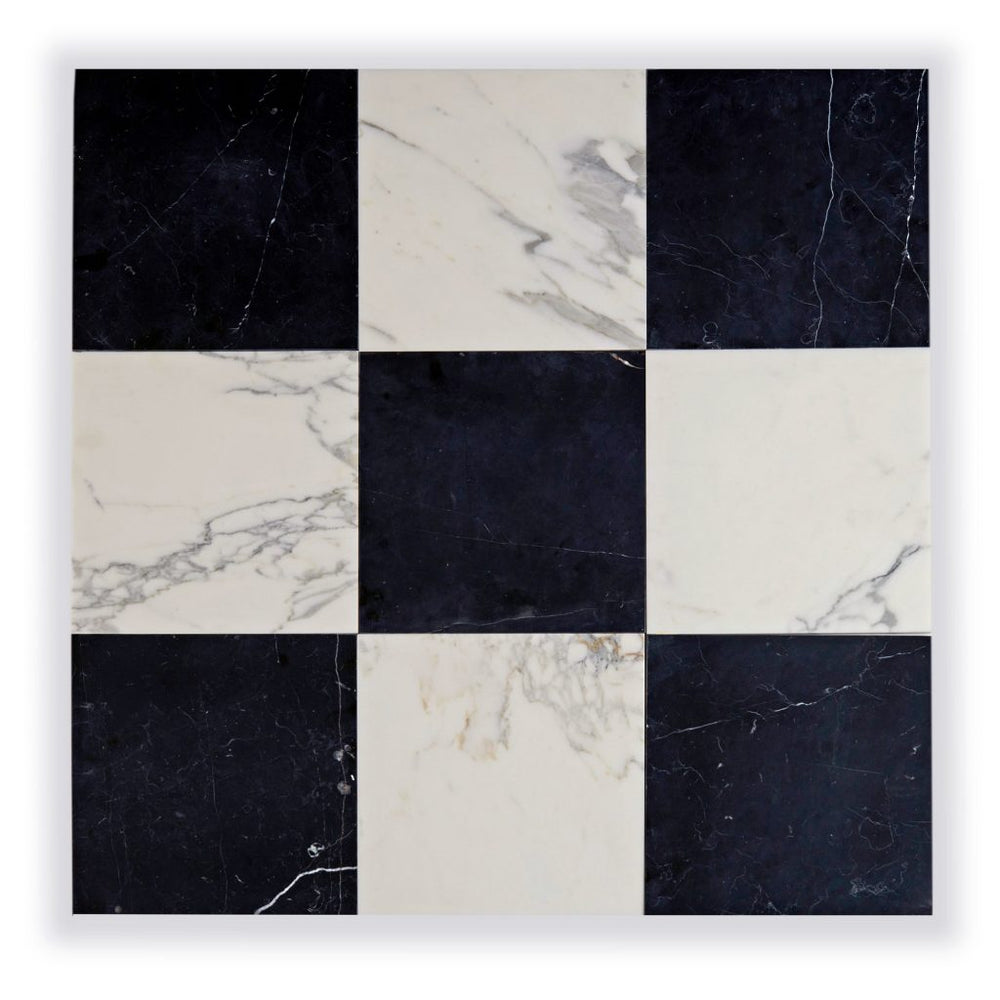Calacatta Gold & Nero Marquina 12x12 Marble | Honed – Checkerboard Bun